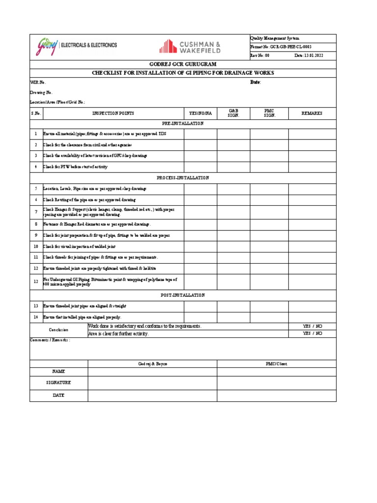 1C-Checklist For Installation of GI Pipe For Drainage | PDF | Pipe ...