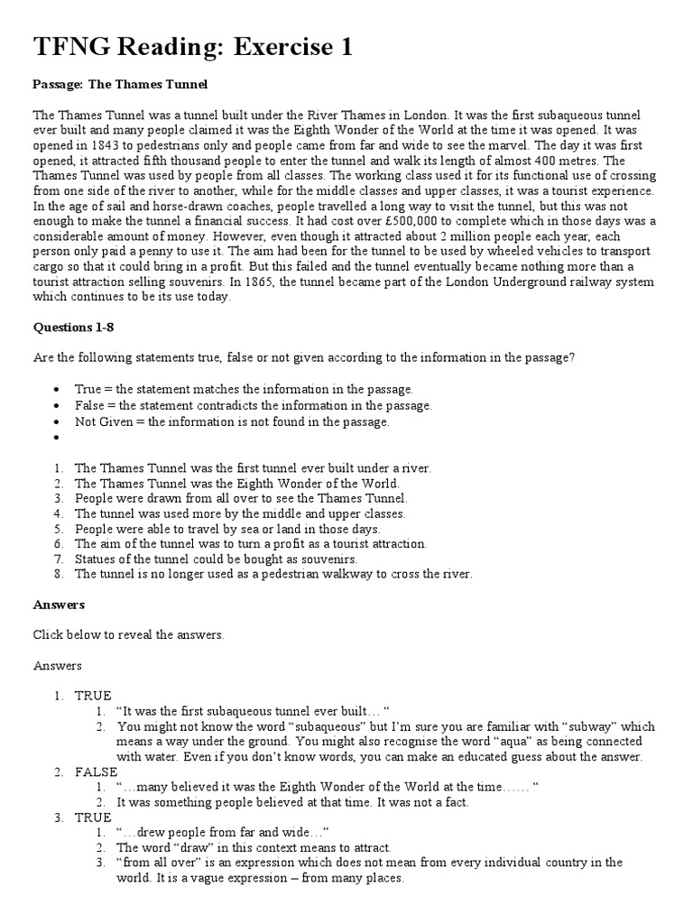 TFNG Reading: Exercise 1: Passage: The Thames Tunnel | PDF | Egyptian Pyramids | Tunnel