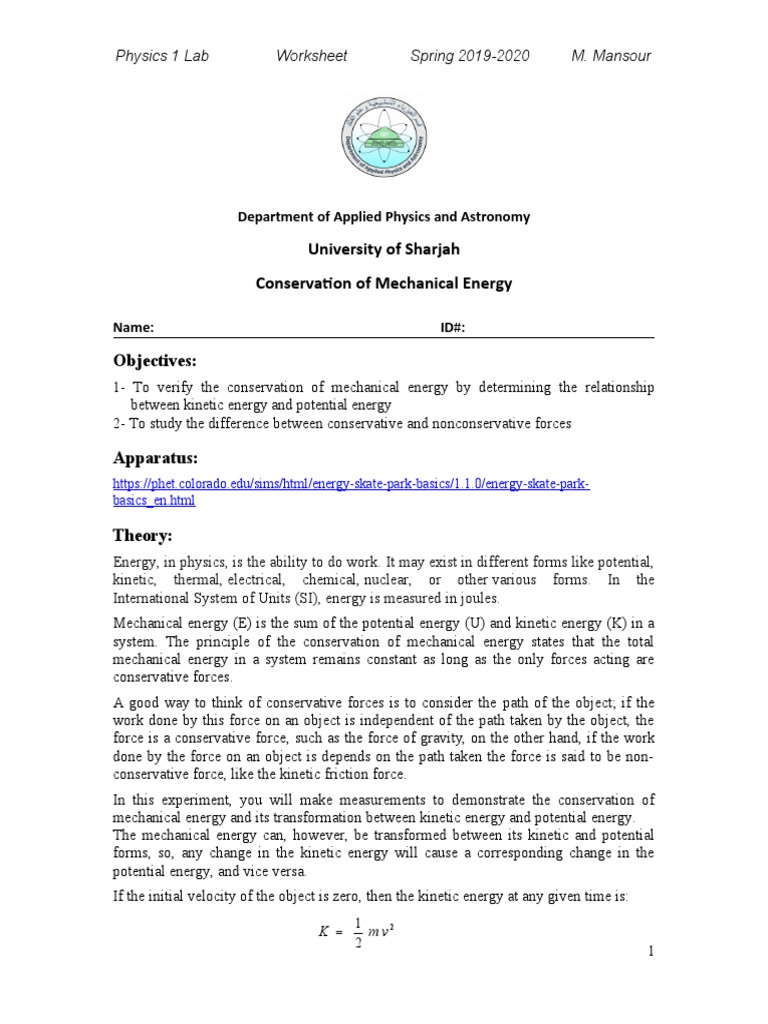 Exp. Title - Conservation of Mechanical Energy (Worksheet by PhET ...