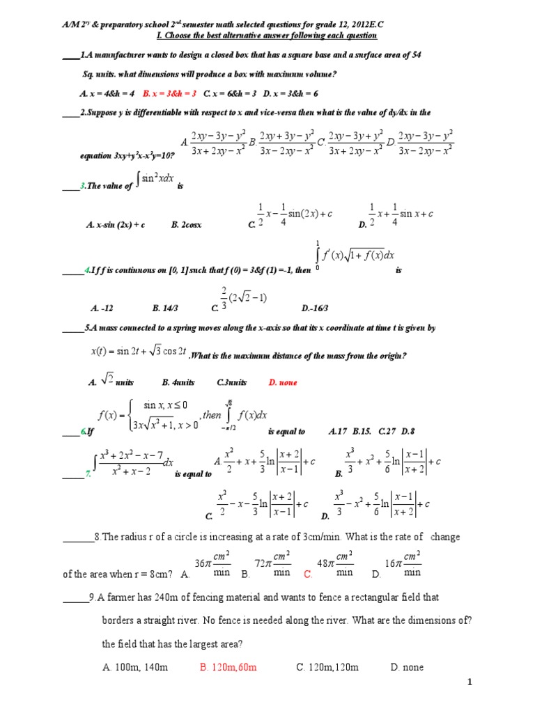 Supportive Maths - Work Sheet For g12 | PDF | Mathematical Concepts ...