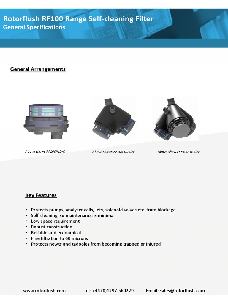 Rotorflush Filters RF100 Range Data Sheet | PDF | Filtration | Pump