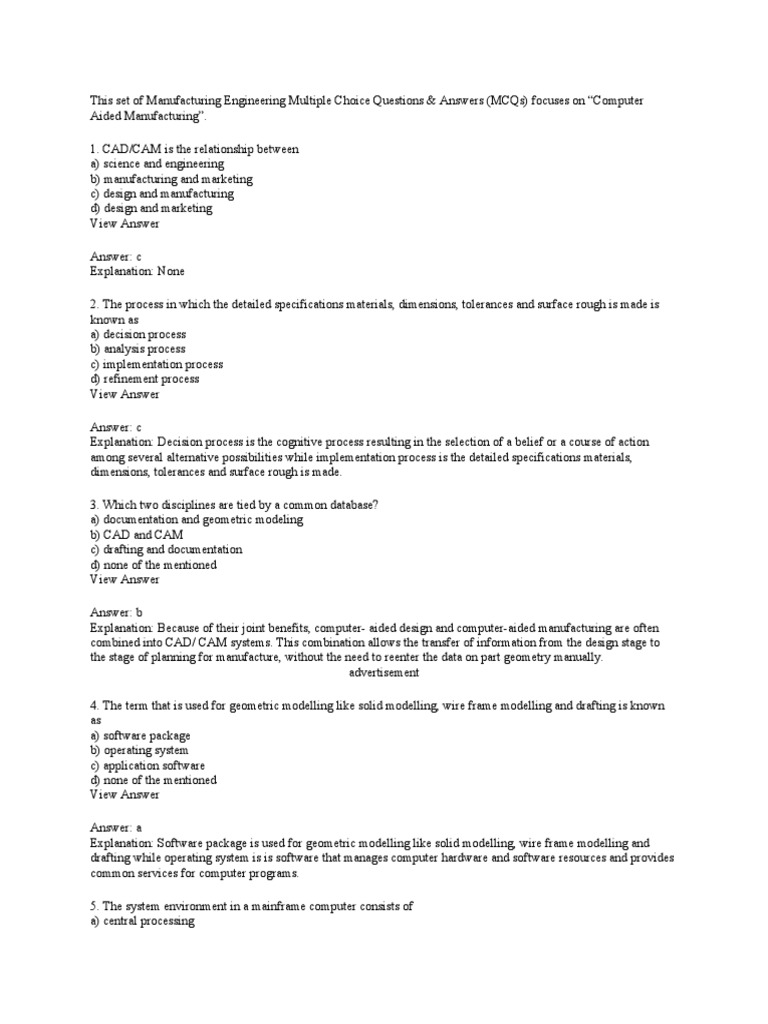 This Set of Manufacturing Engineering Multiple Choice Questions | PDF ...