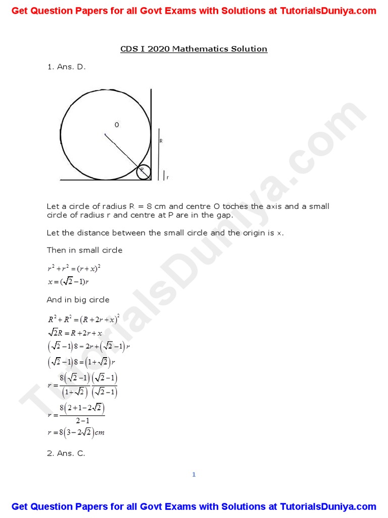 Solutions of CDS Maths Previous Year Question Paper 2020 | PDF | Area ...