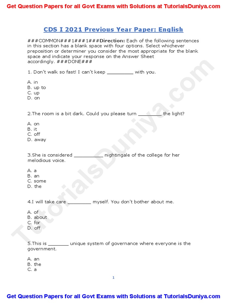 CDS English Previous Year Question Paper 2021 | PDF | Adjective | Adverb