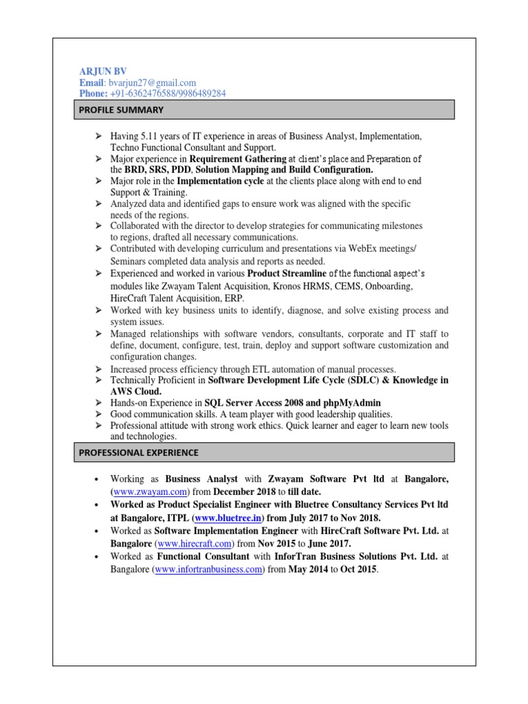 Profile Summary: Arjun BV Phone: +91-6362476588/9986489284 | Download Free PDF | Information ...