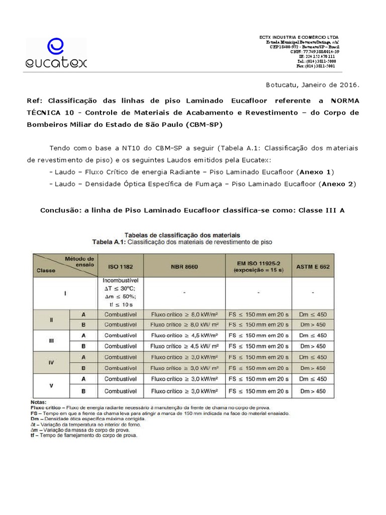 Eucafloor Piso Laminado Laudo Classificacao NT10 CBM SP | PDF ...