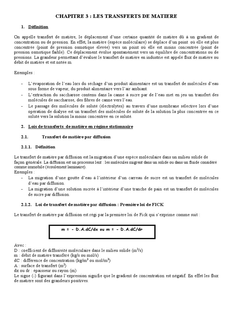 Chapitre 3 Tansferts de Matière | PDF | La diffusion | Convection