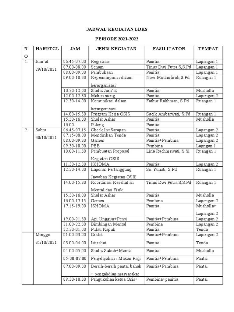 Jadwal Kegiatan LDKS 2021-2022 | PDF