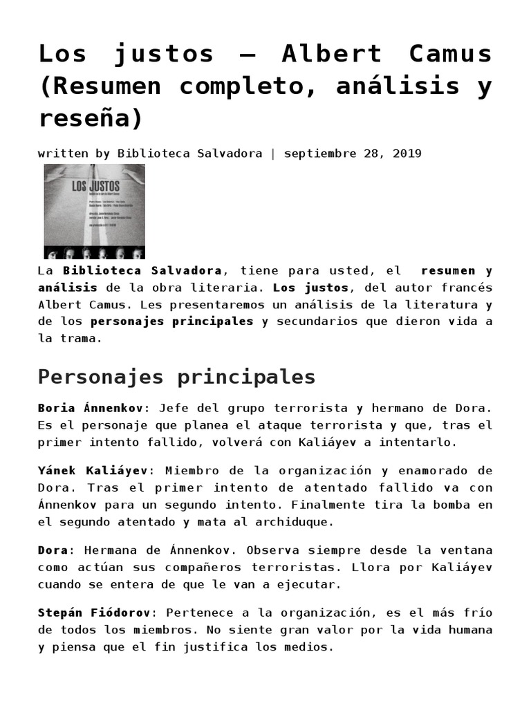 Los Justos - Albert Camus (Resumen Completo, Análisis y Reseña) | PDF ...