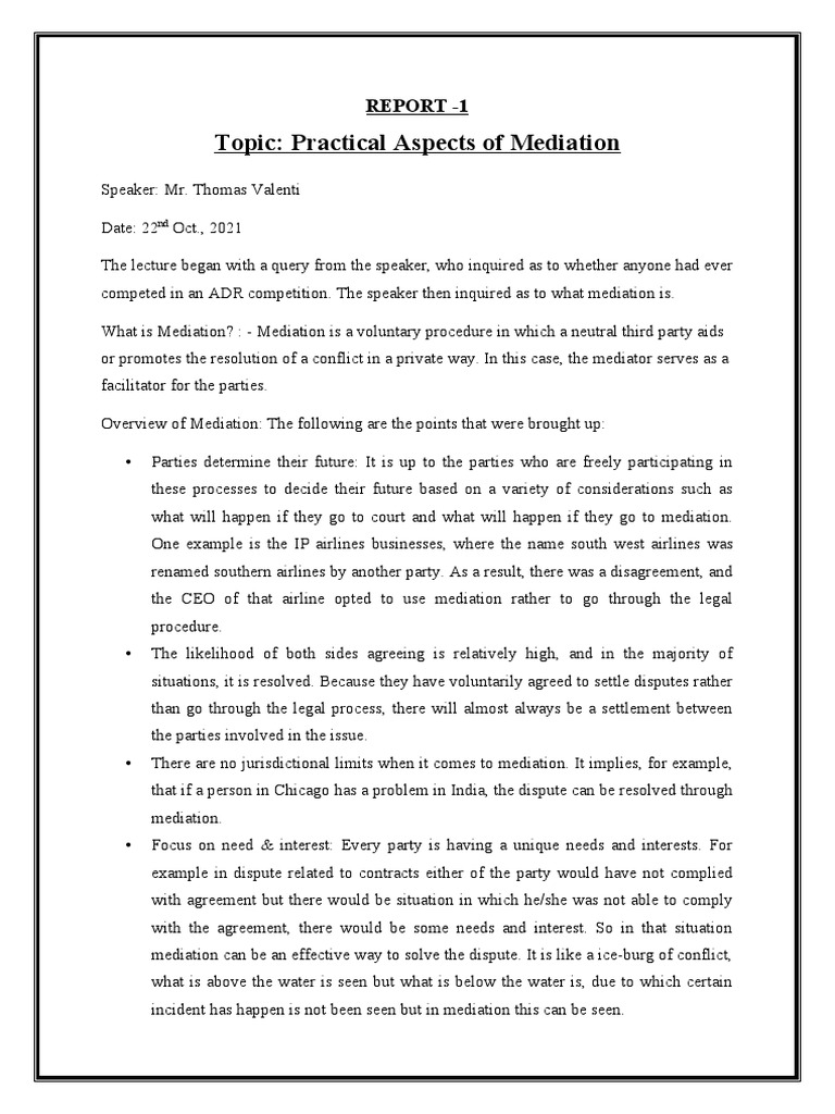 Topic: Practical Aspects of Mediation: Report - 1 | PDF | Mediation ...