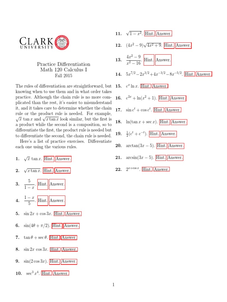 Practice Differentiation Math 120 Calculus I | PDF | Mathematical Concepts | Sine
