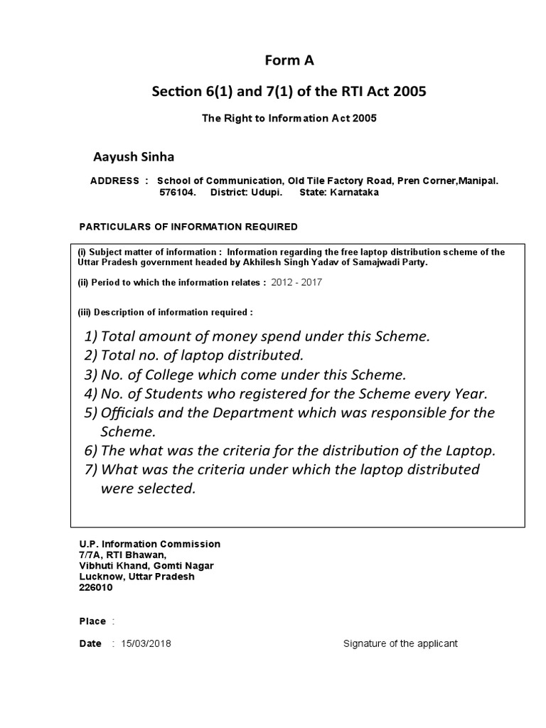 Form A Section 6 (1) and 7 (1) of The RTI Act 2005: Aayush Sinha | PDF
