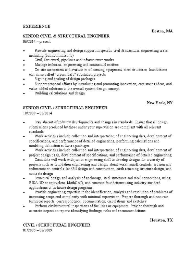 Experience Boston, MA Senior Civil & Structural Engineer | PDF ...