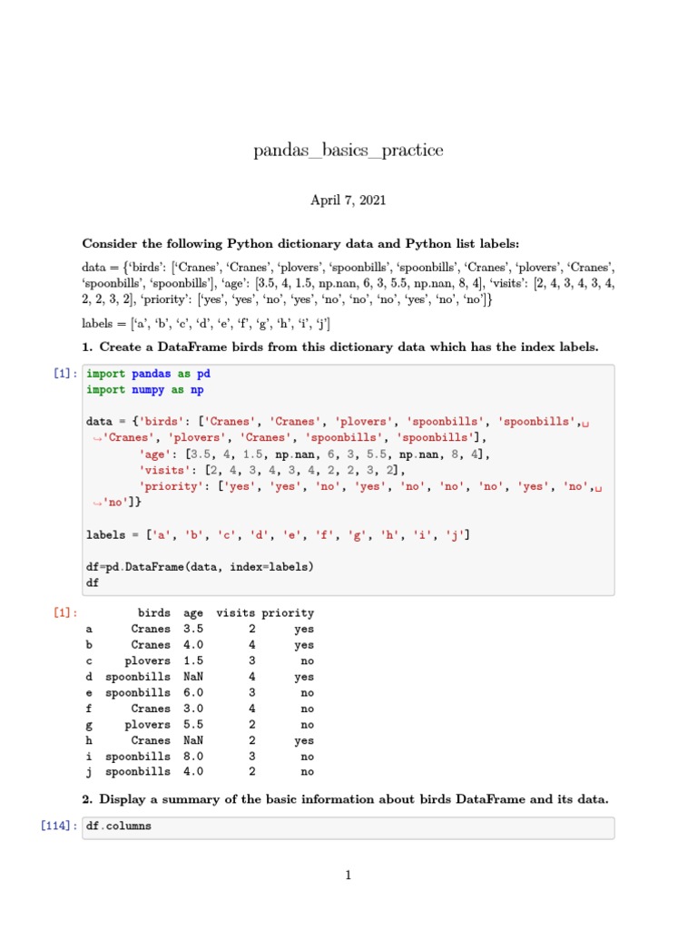 Pandas Basics Practice Consider The Following Python Dictionary Data And Python List Labels