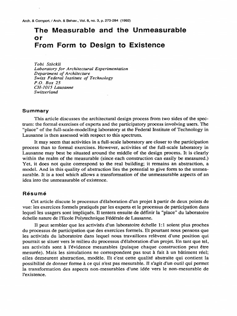 The Measurable and The Unmeasurable or From Form To Design To Existence | PDF