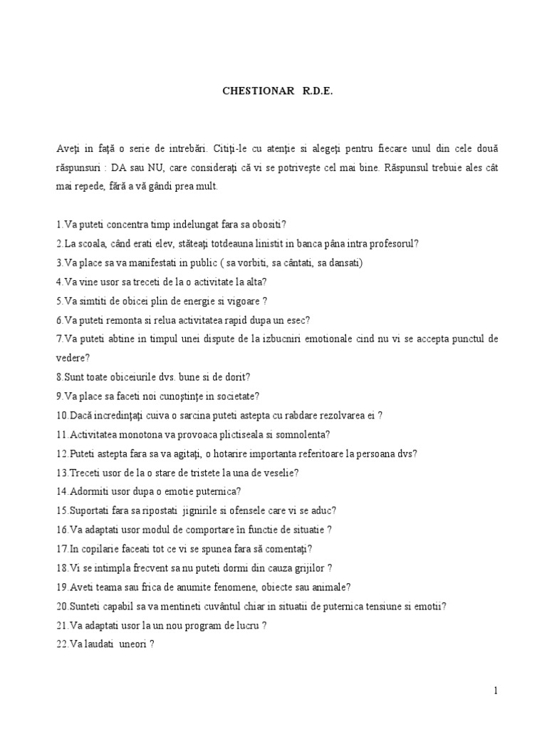 Chestionar Reactivitate Dinamica Emotionala | PDF