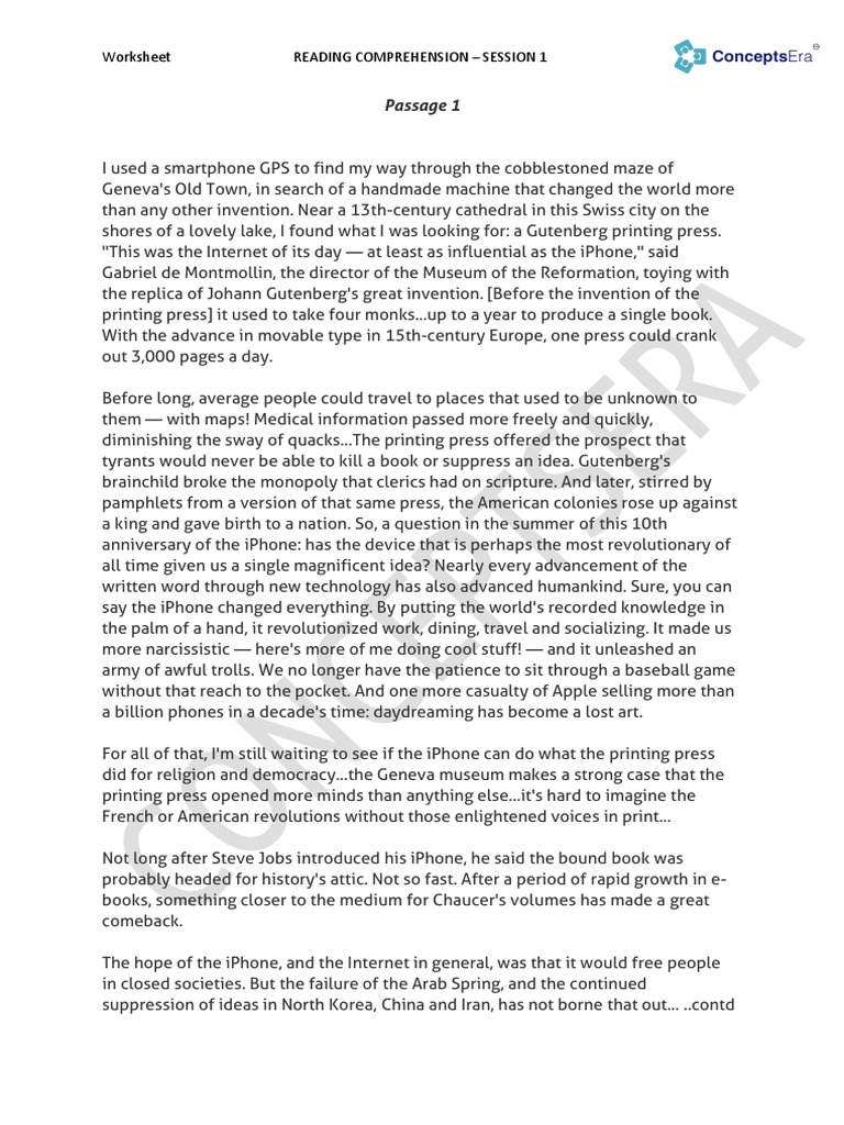 Passage 1: Worksheet Reading Comprehension - Session 1 | PDF ...