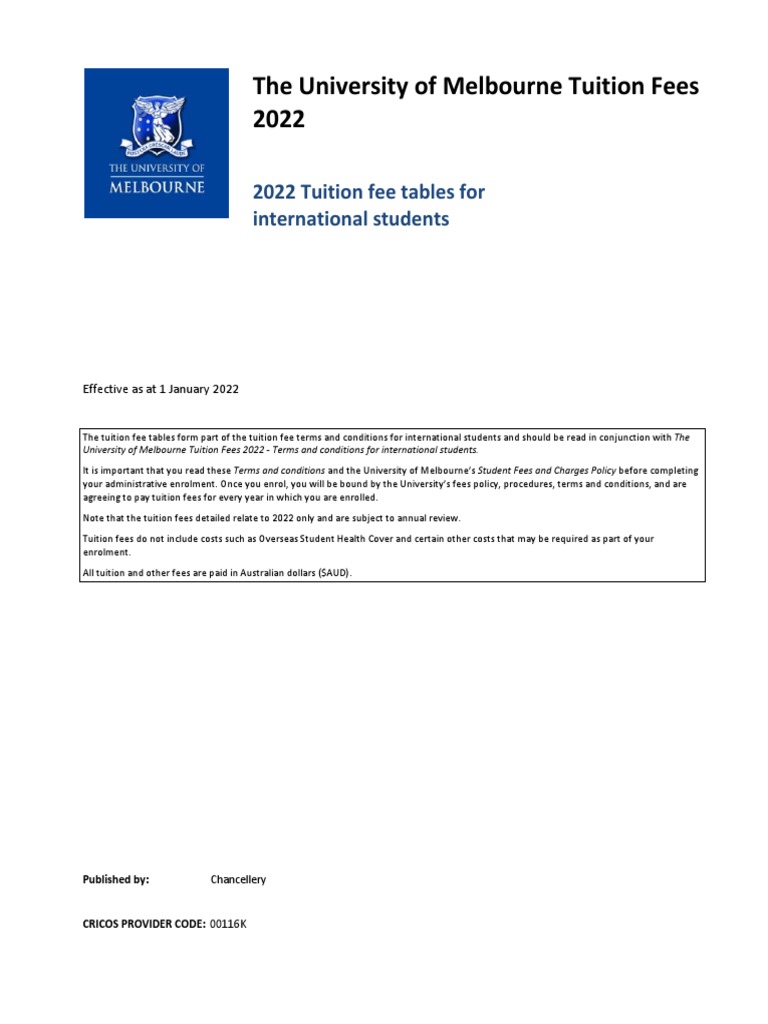 2022 Tuition Fees Tuition Fee Tables For International Students | PDF ...