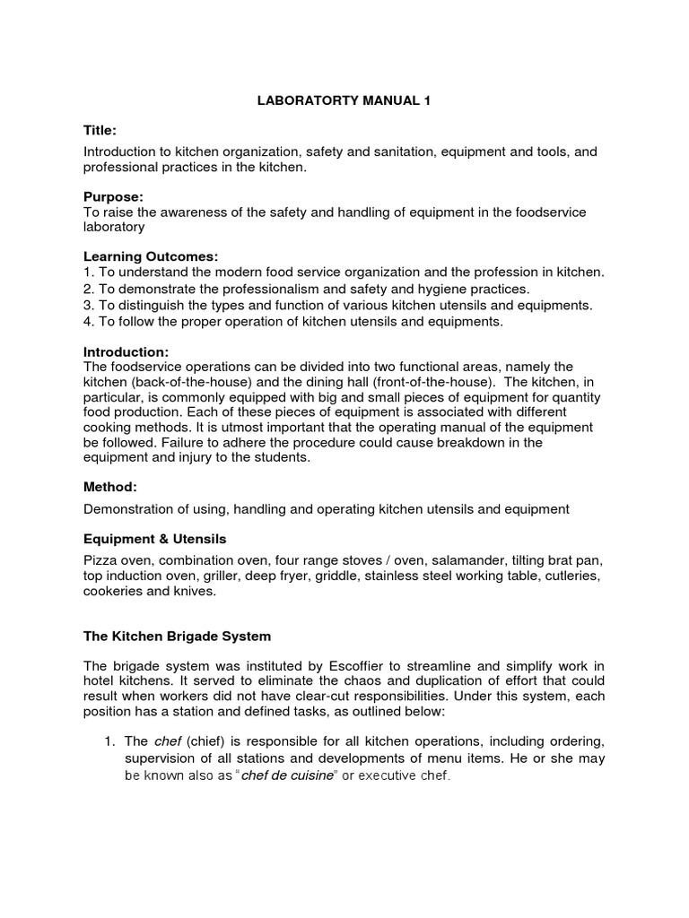Lab Manual 1 Kitchen Organization Safety and Equipment | PDF | Cooking ...
