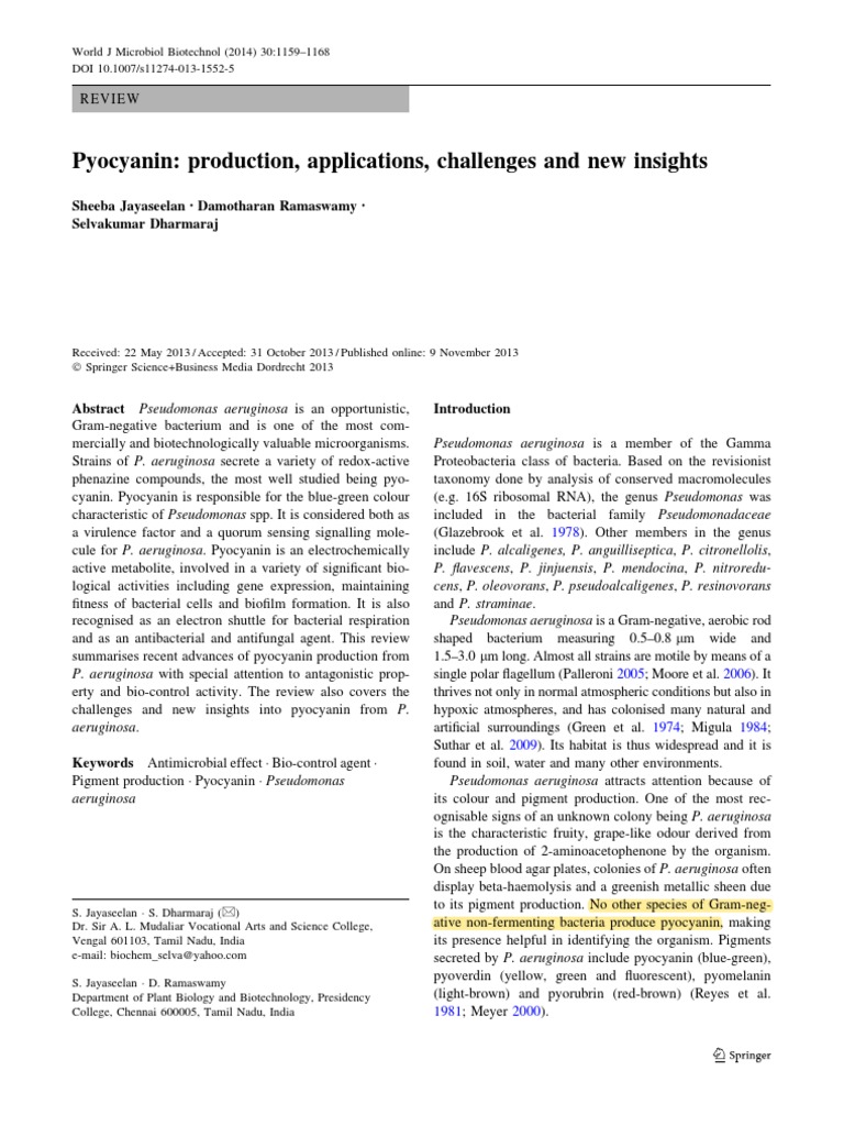 Pyocyanin: Production, Applications, Challenges and New Insights | PDF ...