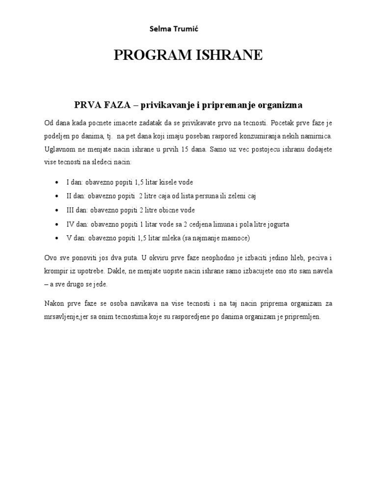 Program Ishrane: PRVA FAZA - Privikavanje I Pripremanje Organizma | PDF
