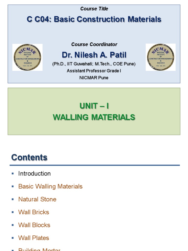 C C04: Basic Construction Materials: Unit - I Walling Materials | PDF ...