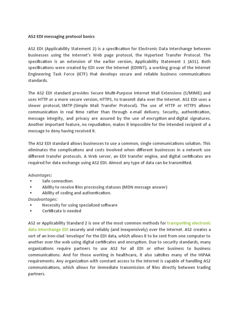 AS2 EDI Messaging Protocol Basics: Advantages | PDF | Electronic Data ...