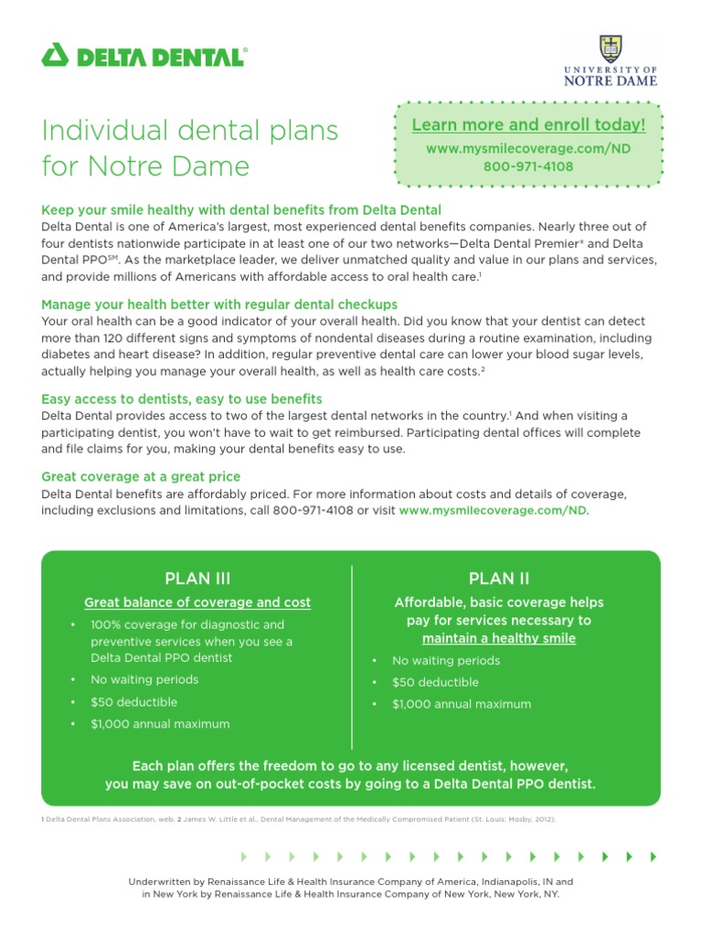 Delta Dental Individual Enrollee Overview Flyer Plan III II Notre Dame ...