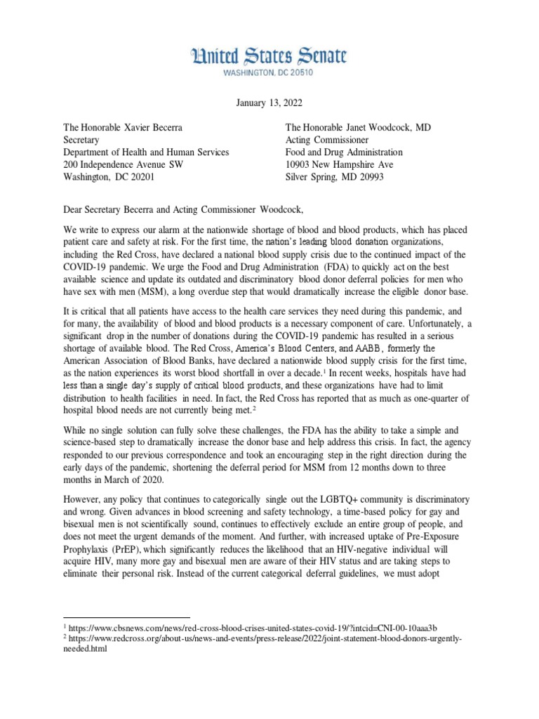 Blood Shortage MSM Donor Deferral Letter FDA HHS Jan 2022 Final | PDF ...