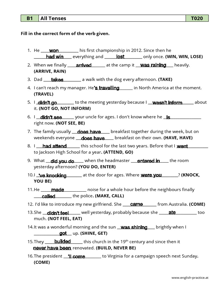 All Tenses - PDF Grammar Worksheet - B1 - T020 | PDF
