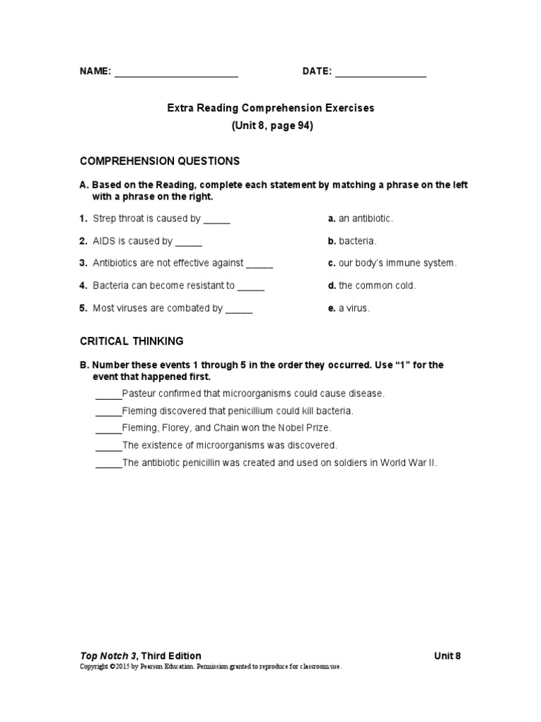 Extra Reading Comprehension Exercises (Unit 8, Page 94) Comprehension ...
