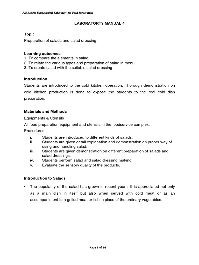 Lab Manual 4 Salads and Salad Dressings, Hors D'oeuvres | PDF | Salad ...
