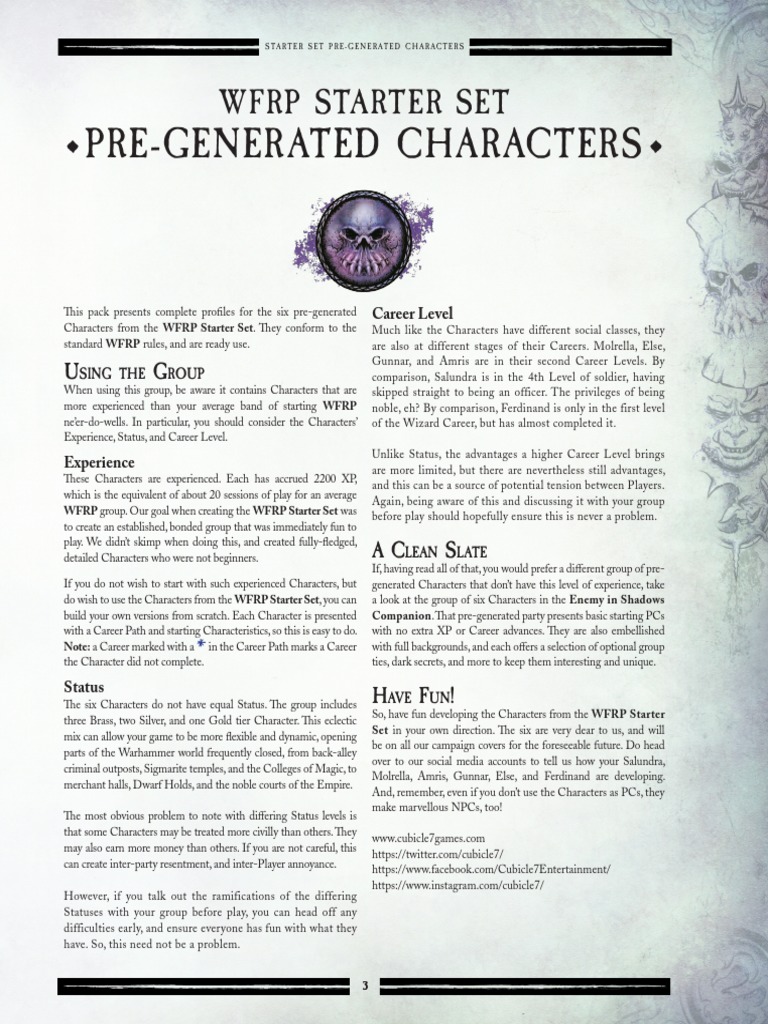 Pre-Generated Characters: WFRP Starter Set | PDF | Role Playing Games