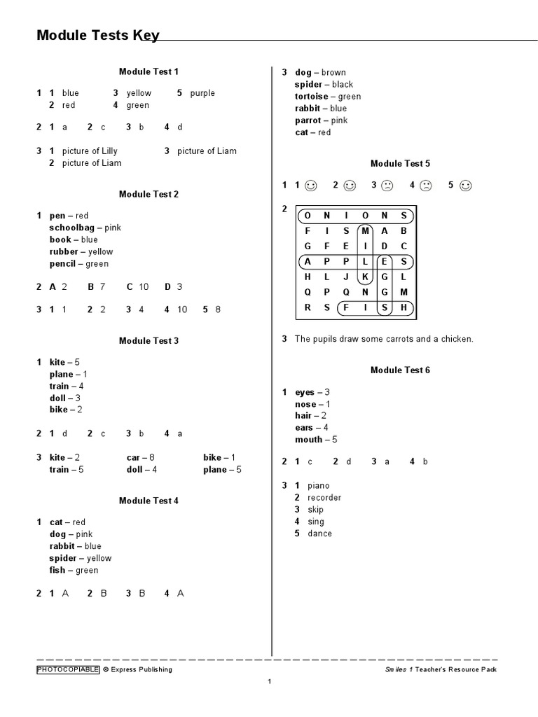 11 Smiles 1 Module Tests Key | PDF
