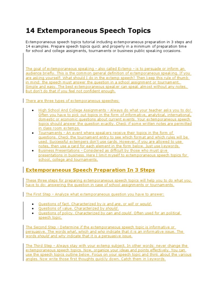 14 Extemporaneous Speech Topics | PDF | Cognition | Human Communication