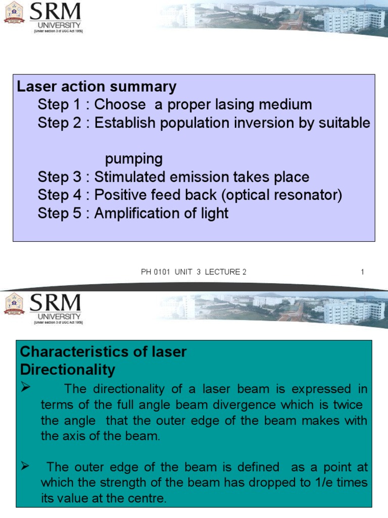Laser Action Summary: PH 0101 Unit 3 Lecture 2 1 | Download Free PDF | Laser | Holography