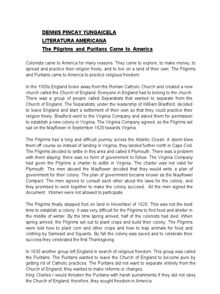 Pilgrims and Puritans Come to America for Religious Freedom | PDF ...