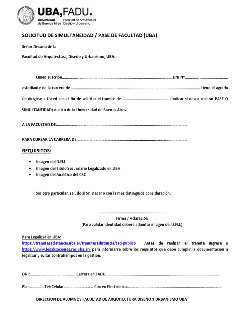 3 - Formulario de Solicitud de Pase - Simultaneidad (Uba) | PDF