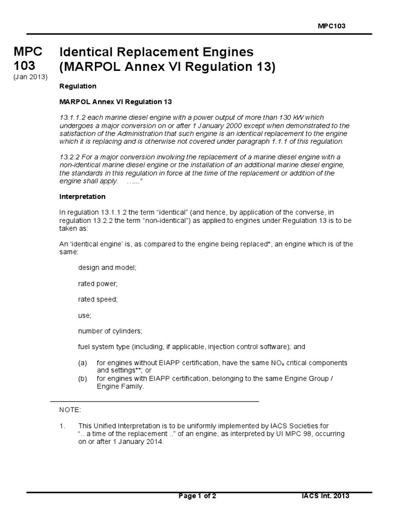 MPC 103 Identical Replacement Engines (MARPOL Annex VI Regulation 13 ...