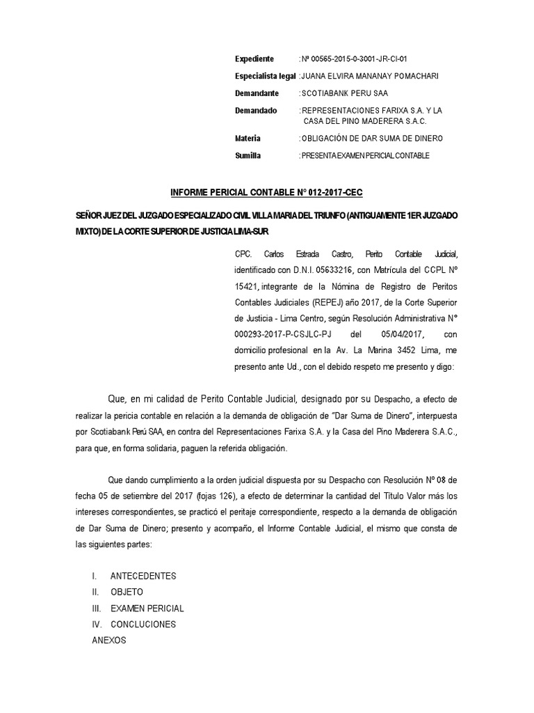 Unidad Iii Semana 10 Modelo de Informe Pericial Obligacion de Dar Suma ...