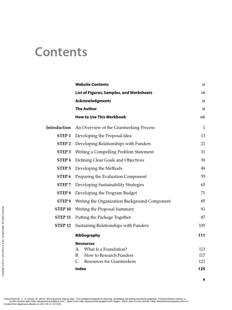 Winning Grants Step by Step The Complete Workbook ... - (Contents) | PDF