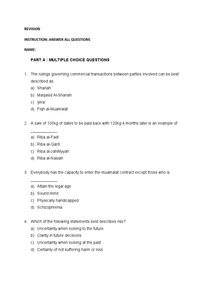 Revision Instruction: Answer All Questions Name: Part A: Multiple ...