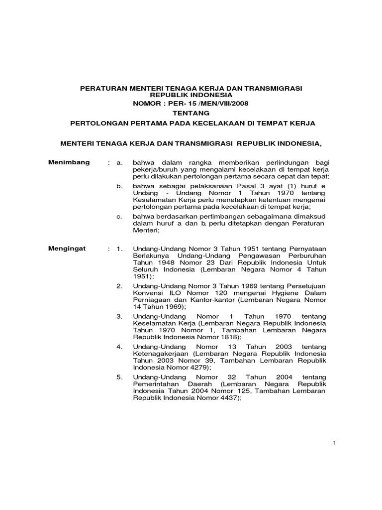 Permenaker No 15 THN 2008 TTG P3K | PDF