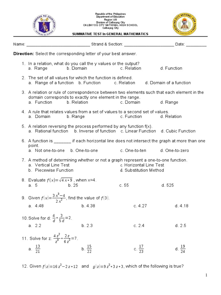 SUMMATIVE TEST For GENMATH | PDF | Function (Mathematics ...
