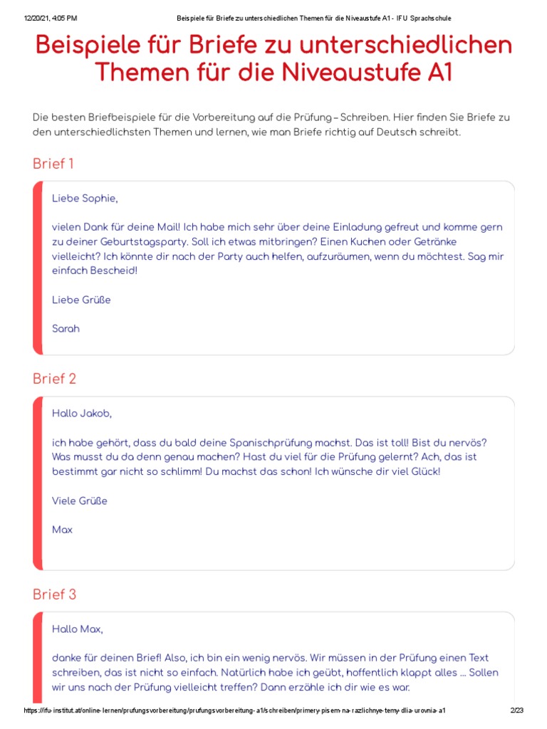Beispiele Für Briefe Zu Unterschiedlichen Themen Für Die Niveaustufe A1 ...