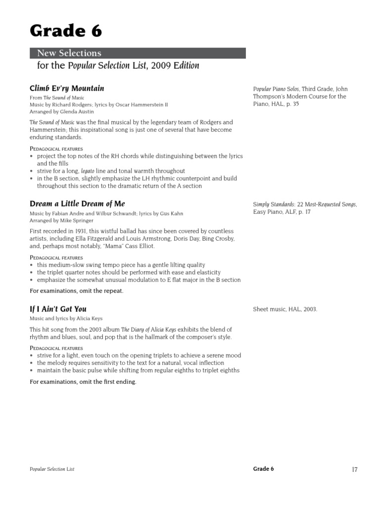 RCM Examinations Popular Selection List | PDF | Musical Theatre ...