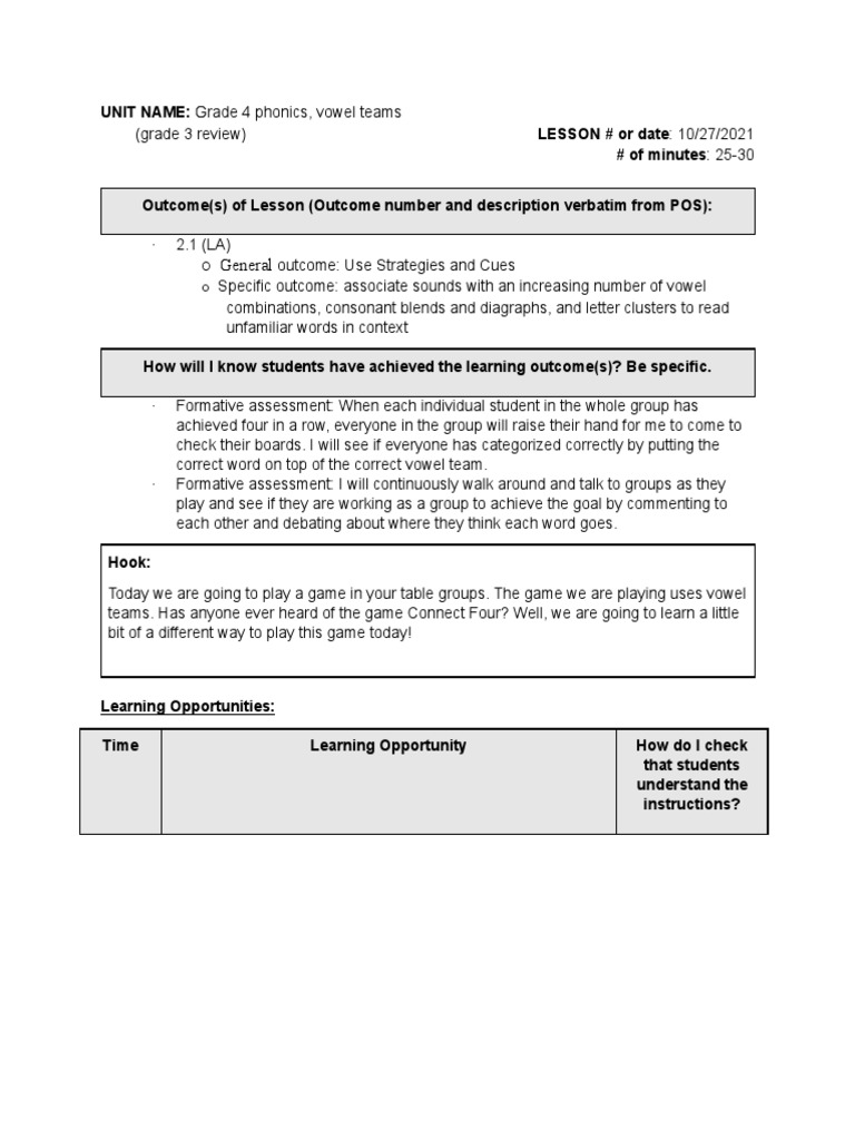 Grade 4 Vowel Teams Lesson Plan | PDF | Phonics | Pedagogy