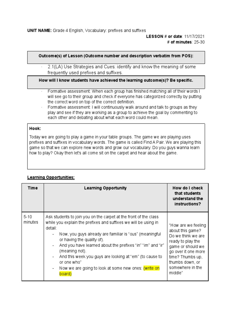 Grade 4 Vocabulary Lesson Prefixes and Suffixes | PDF | Vocabulary ...