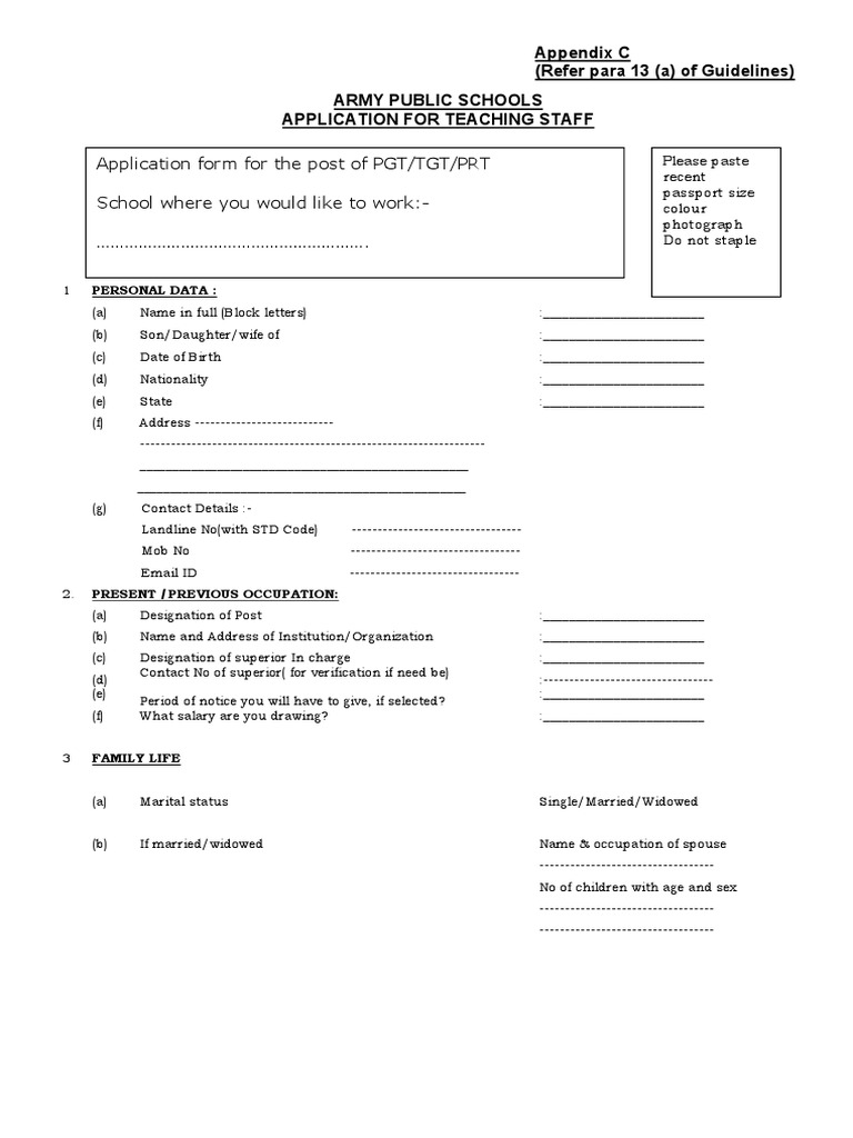 Application Form For The Post of PGT/TGT/PRT School Where You Would Like To Work | PDF