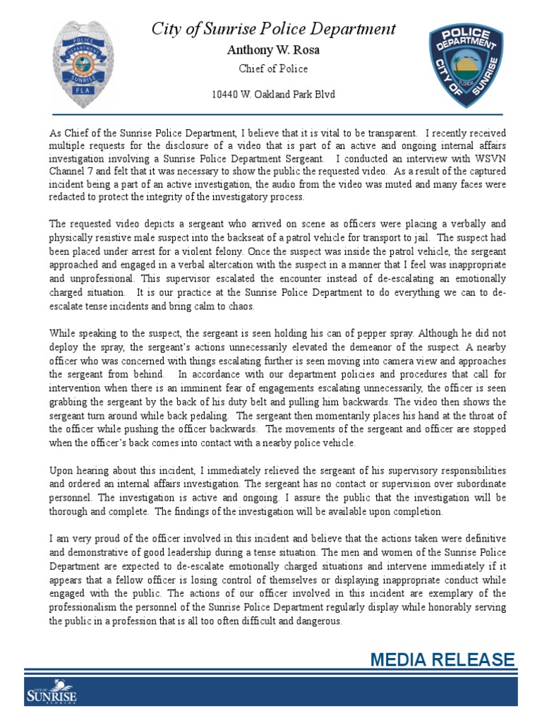 Sunrise Police Chief Anthony Rosa's Statement - Jan. 14, 2022 | PDF ...